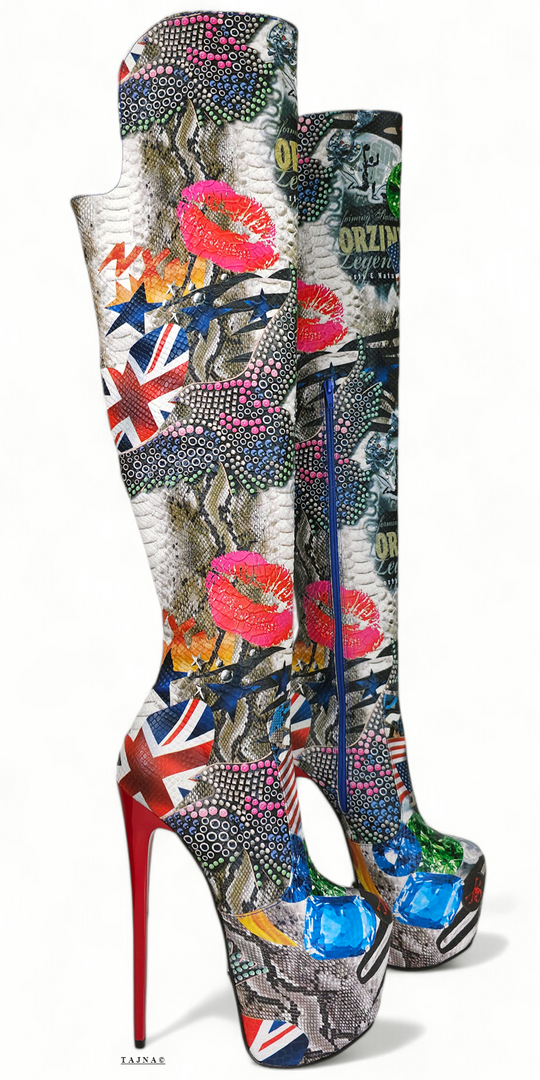 Rock n Roll Flag Designer Over Knee High Heel Boots – Tajna Club