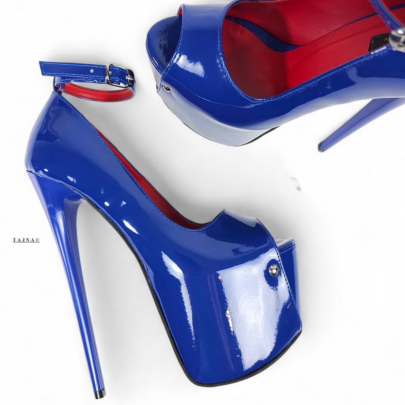 Royal Blue Gloss Ankle Strap High Heel Platforms – Tajna Club