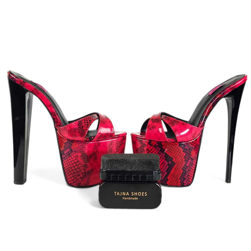Vegan Red Black Half Gloss High Heel Platform Mules – Tajna Club