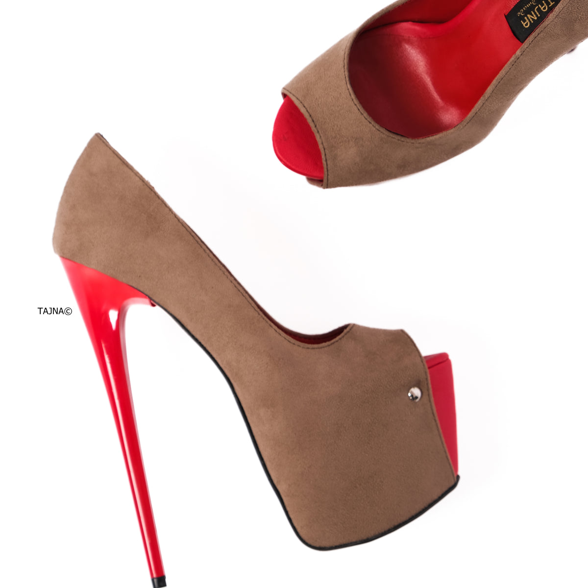 Red Detailed Beige Suede Peep Toe High Heels – Tajna Club