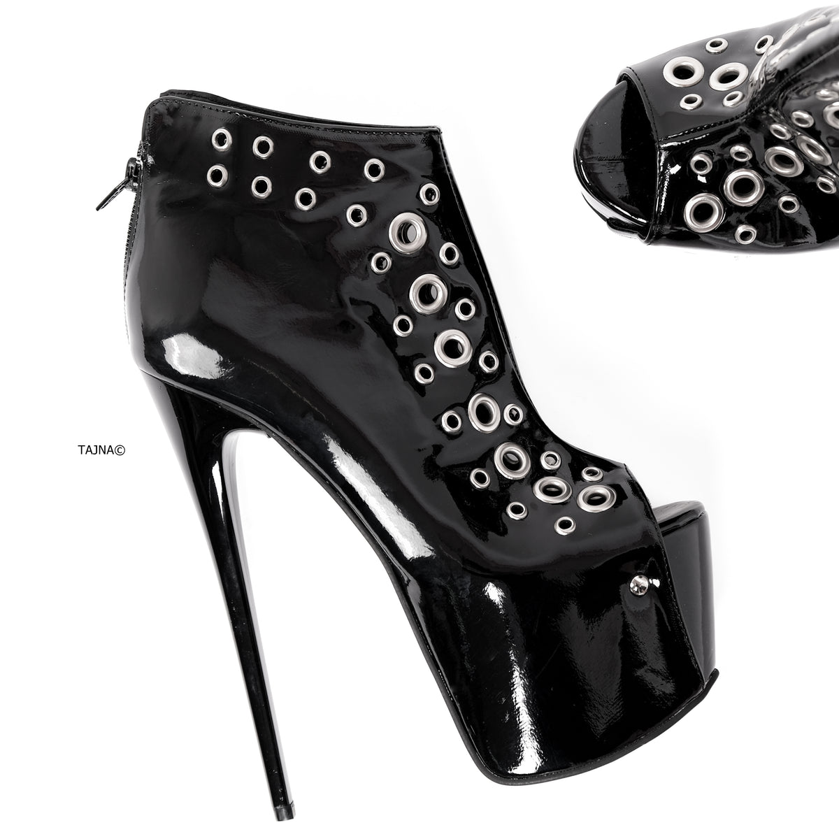 Black Gloss Ankle Cut Pinned Rocker Heels – Tajna Club