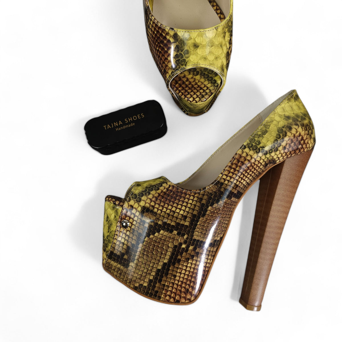 Vegan Mustard Snake Print High Heel Pumps Peep Toe – Tajna Club