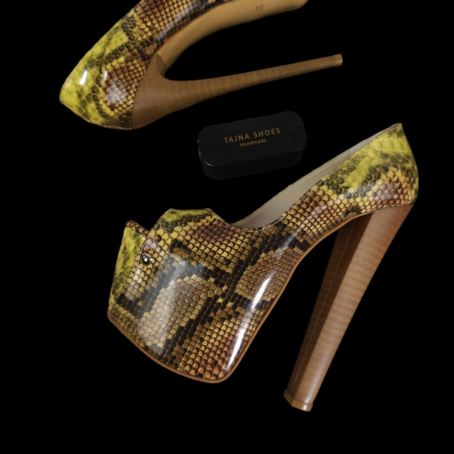 Vegan Mustard Snake Print High Heel Pumps Peep Toe – Tajna Club