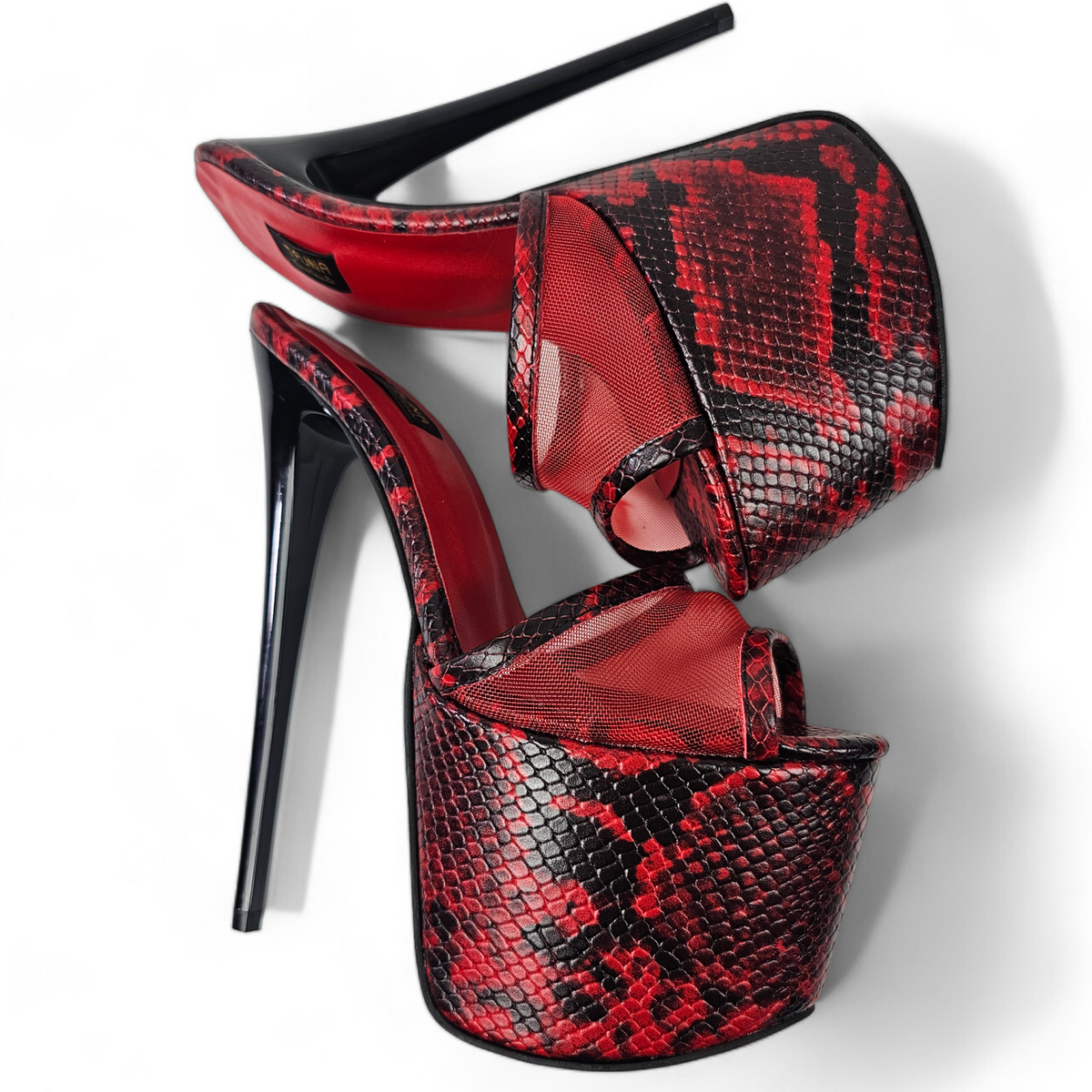 Snake Print Red Black Transparent Leather Slippers – Tajna Club