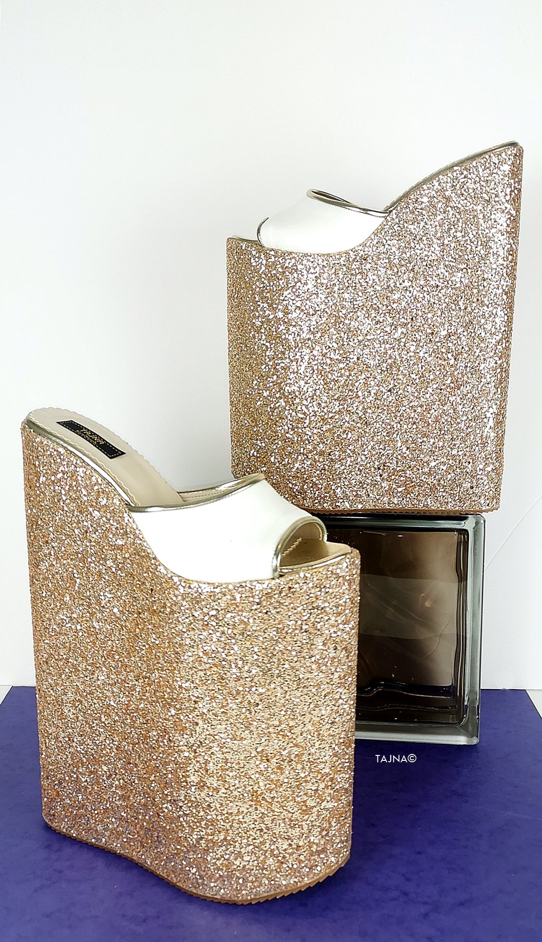 Gold White 11 inches High Heel Wedge Mules | Tajna Shoes – Tajna Club