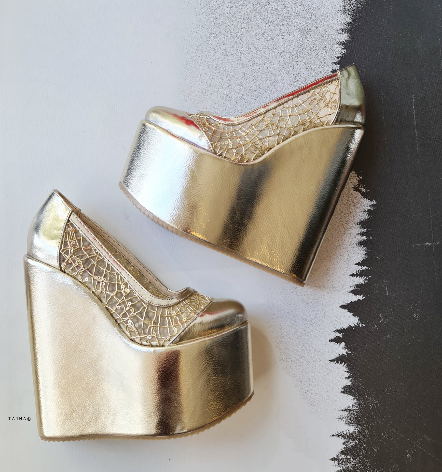 Gold Spider Lace High Heel Wedges | Tajna Shoes – Tajna Club