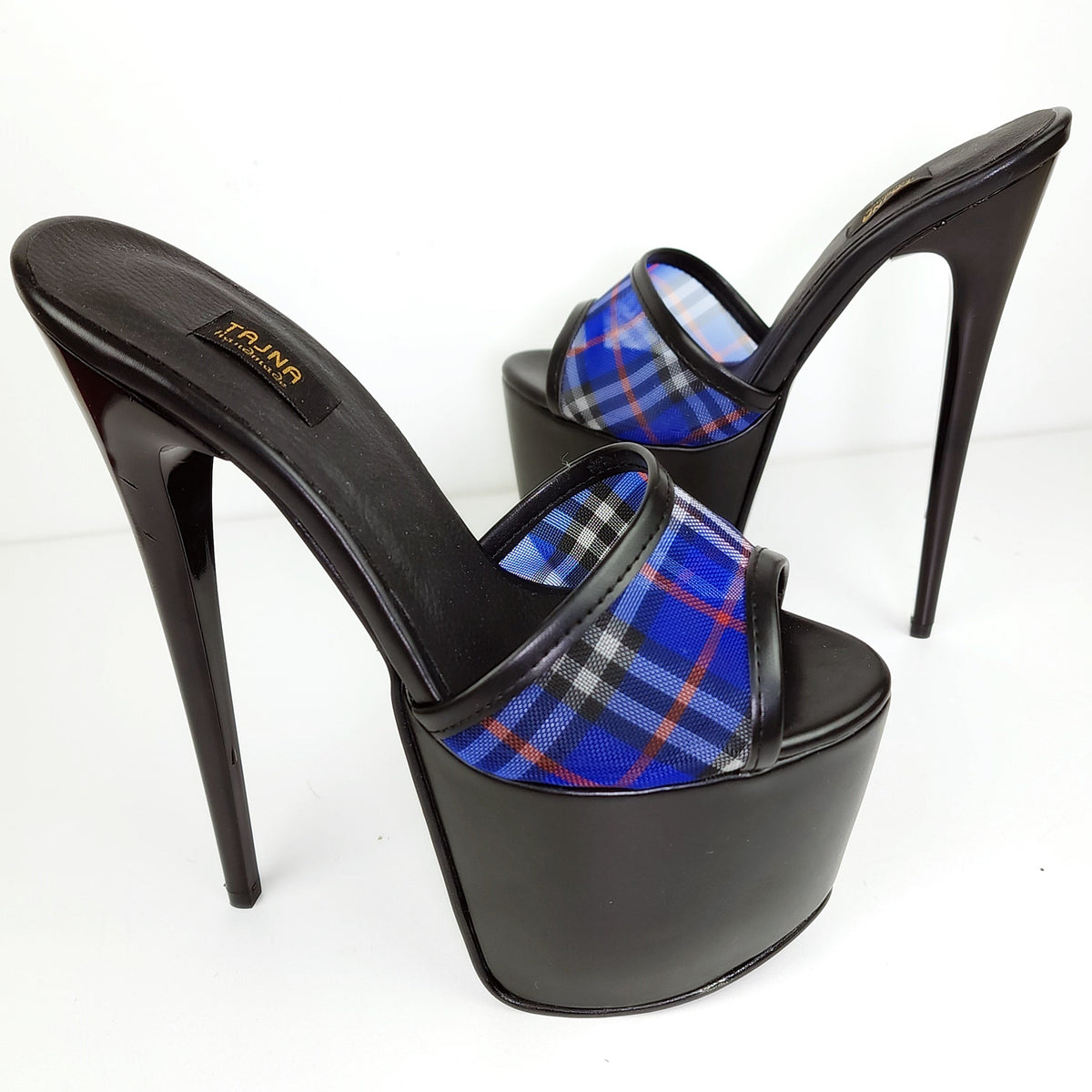 Blue Transparent Tartan Plaid High Heel Mules | Tajna Shoes – Tajna Club