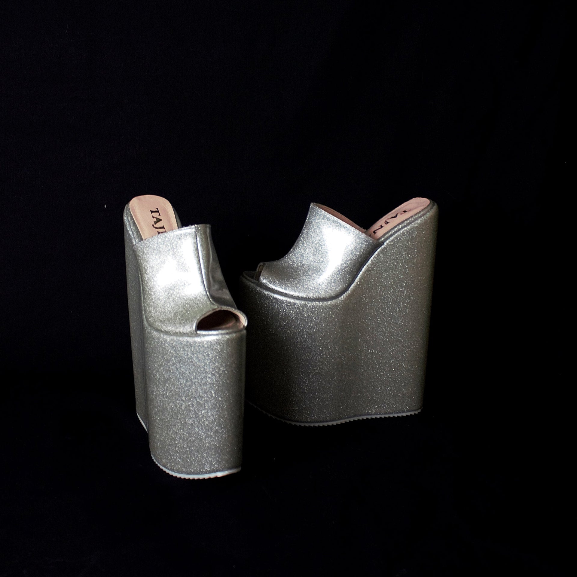 Silver Peep Toe 25 cm High Heel Wedge Mules | Tajna Shoes – Tajna Club