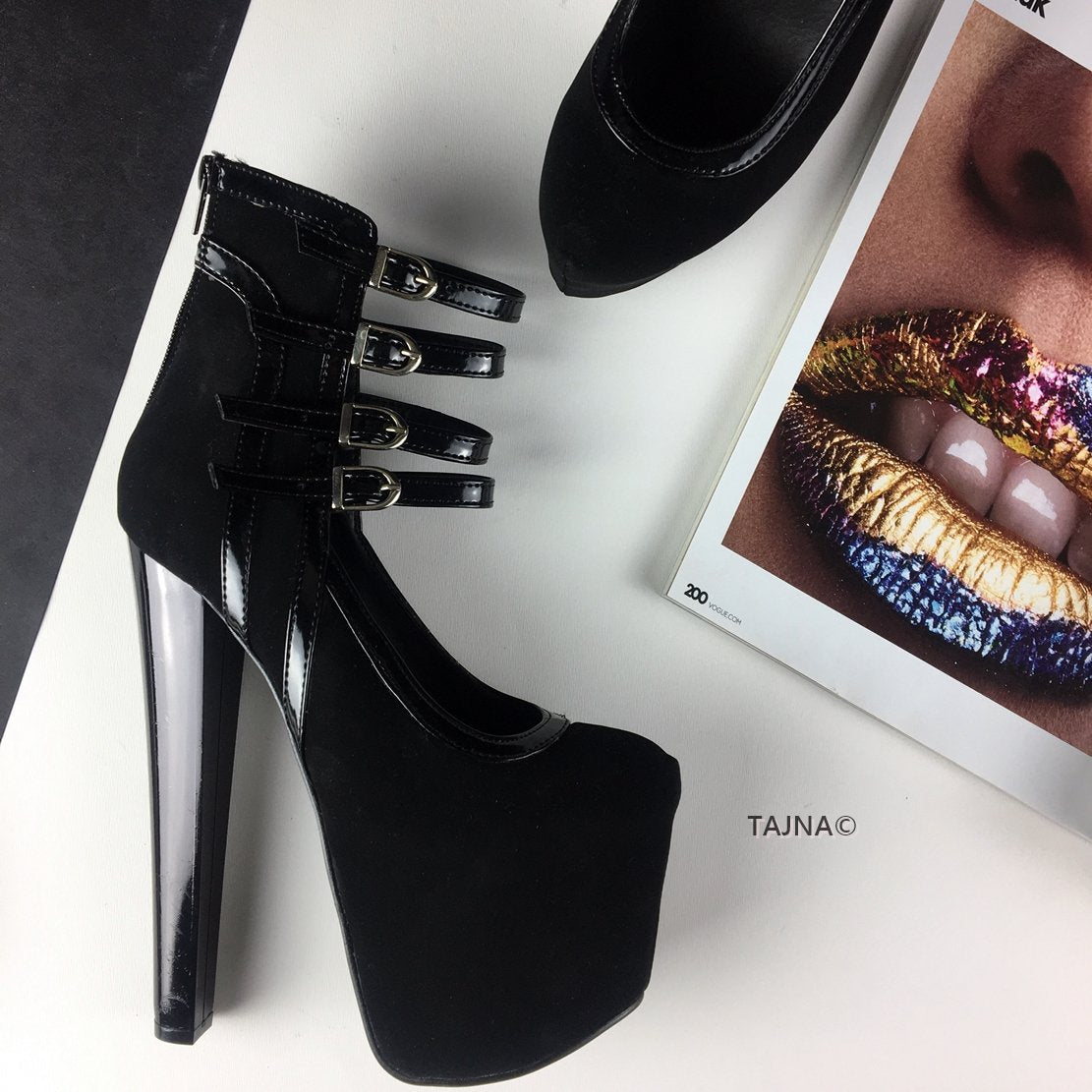 Black Suede Four Belted Ankle Platforms | Tajna Shoes – Tajna Club