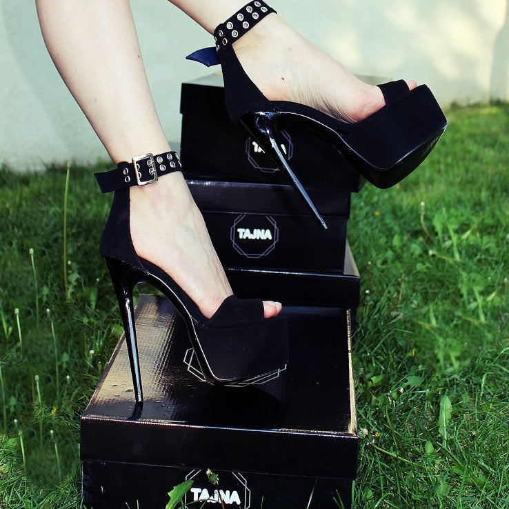 Pinned Strap Black High Heel Platform Sandals | Tajna Shoes – Tajna Club