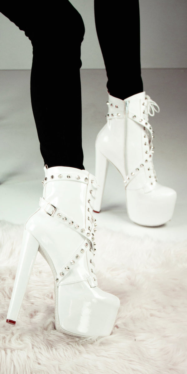 White Gloss Spike Studs High Heel Rocker Boots | Tajna Shoes – Tajna Club