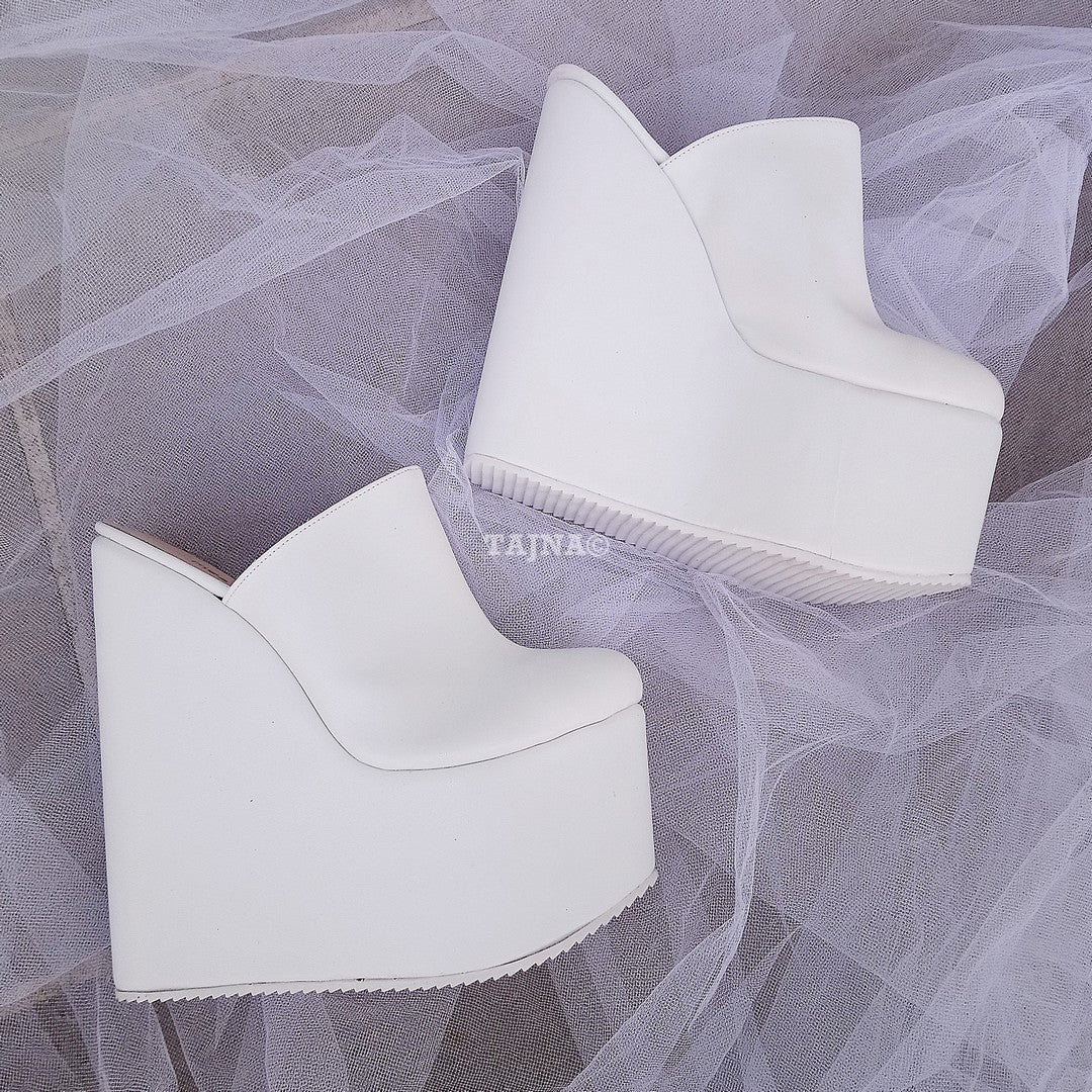 Sabo White High Heel Wedge Mules Tajna Shoes Tajna Club