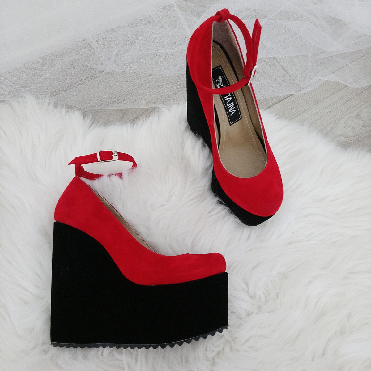 Ankle Strap Red Black Faux Suede High Heel Wedge Shoes | Tajna Shoes ...