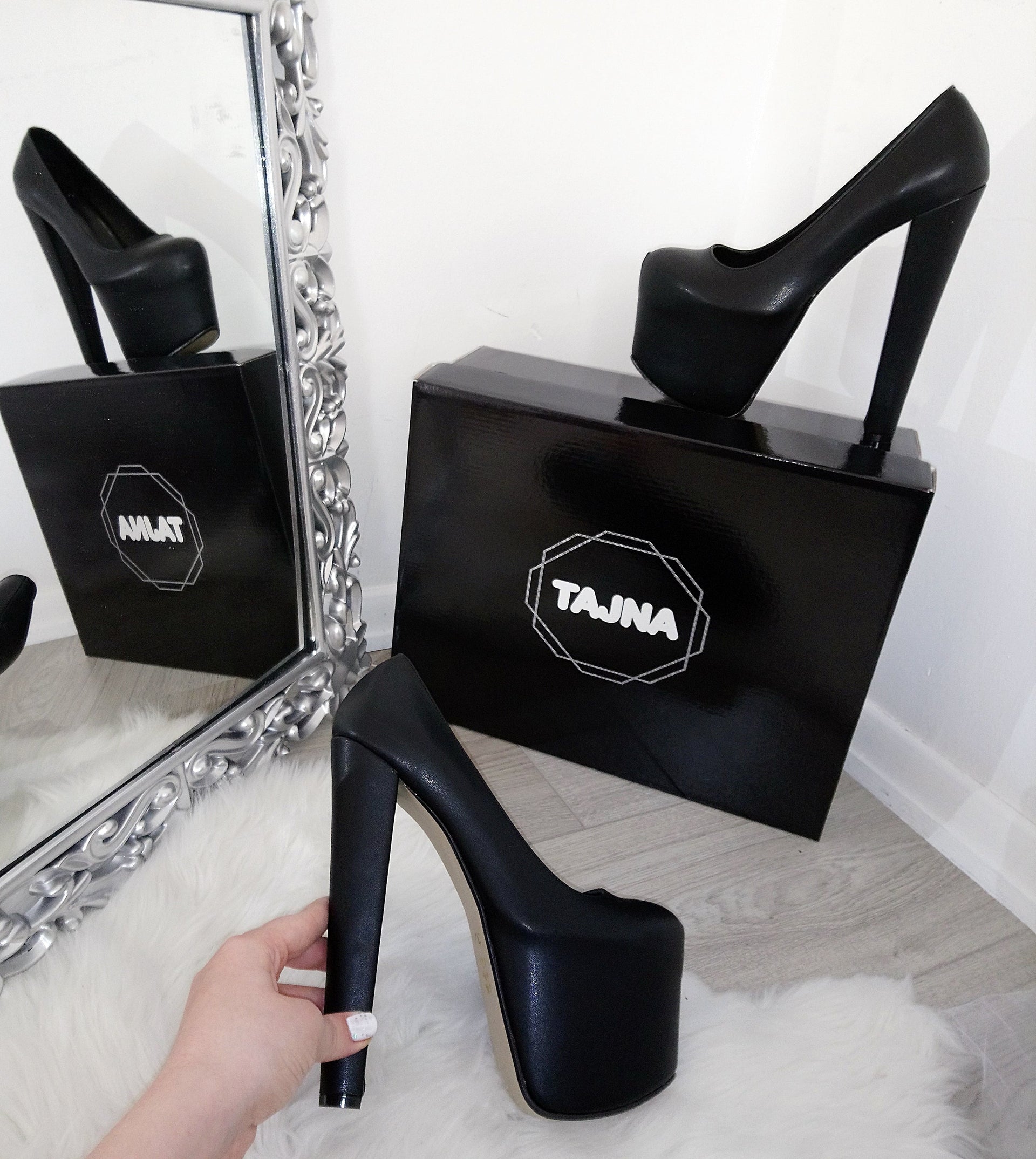 Black Faux Leather 19 cm High Heel Platform Shoes | Tajna Shoes – Tajna ...