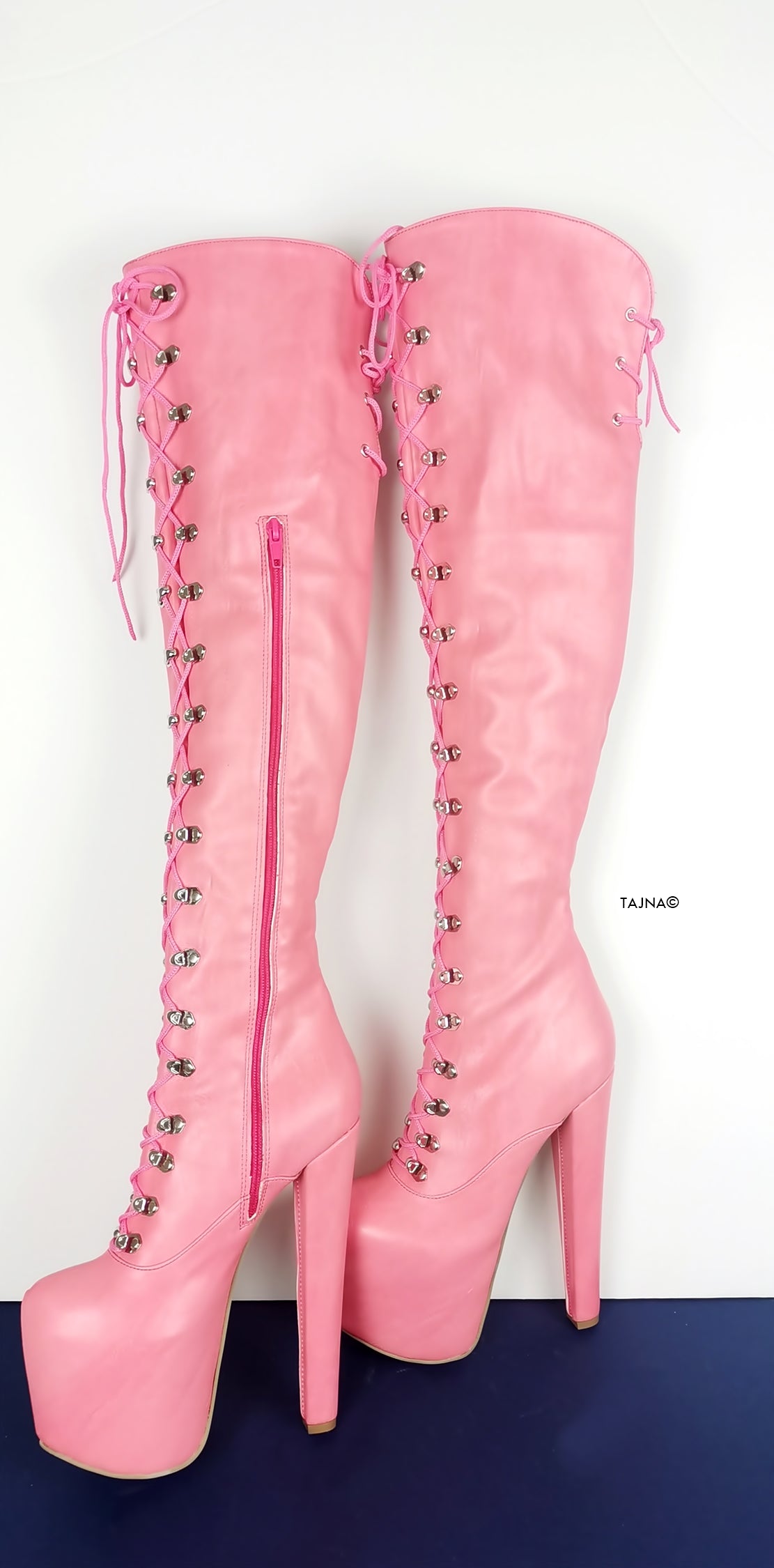 Pink Strech Over Knee Military High Heel Boots | Tajna Shoes – Tajna Club