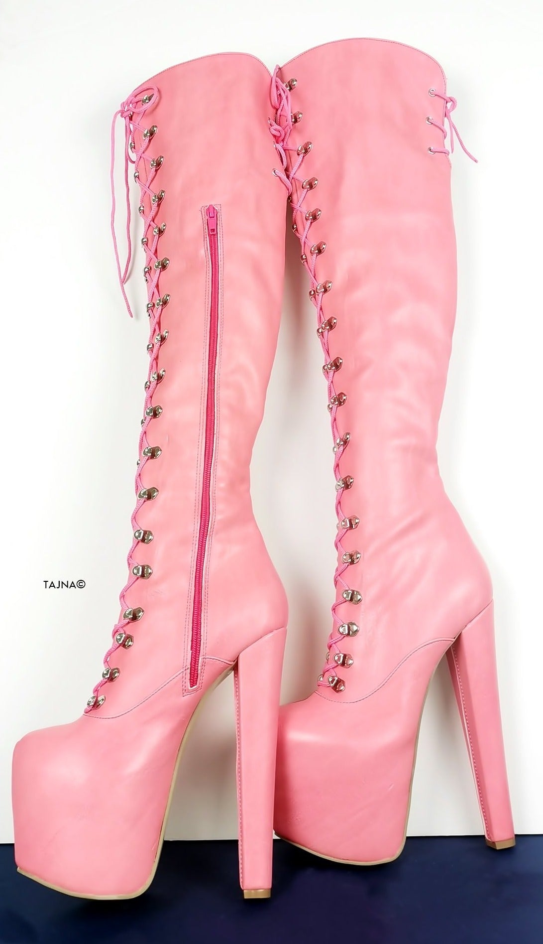 Pink Strech Over Knee Military High Heel Boots | Tajna Shoes – Tajna Club
