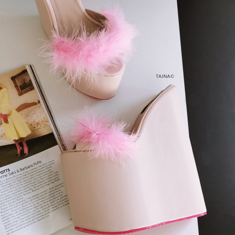 Pink Furry High Heel Wedge Mules | Tajna Shoes – Tajna Club