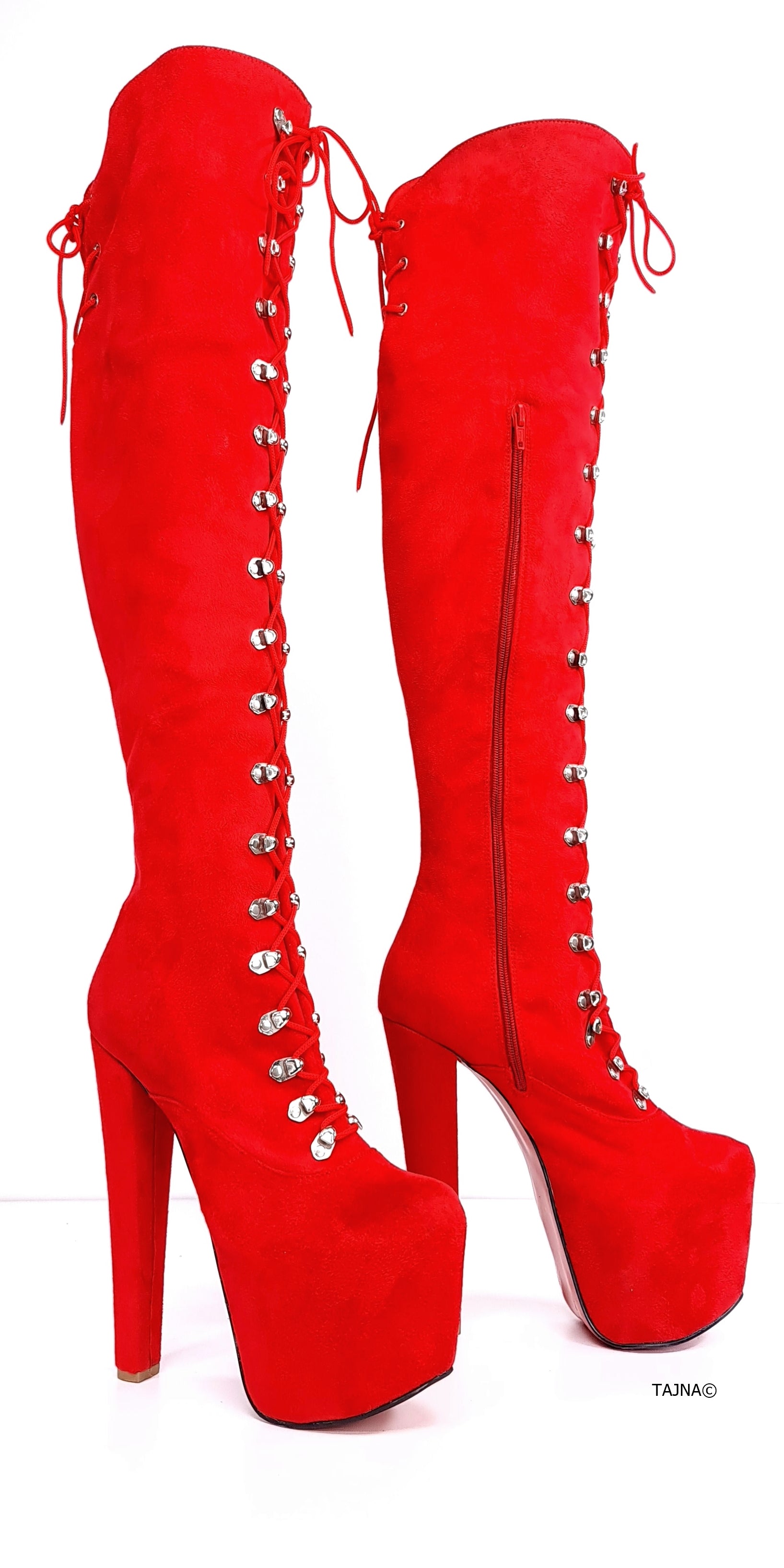 Red Suede Military Style Chunky Heel Boots | Tajna Shoes – Tajna Club