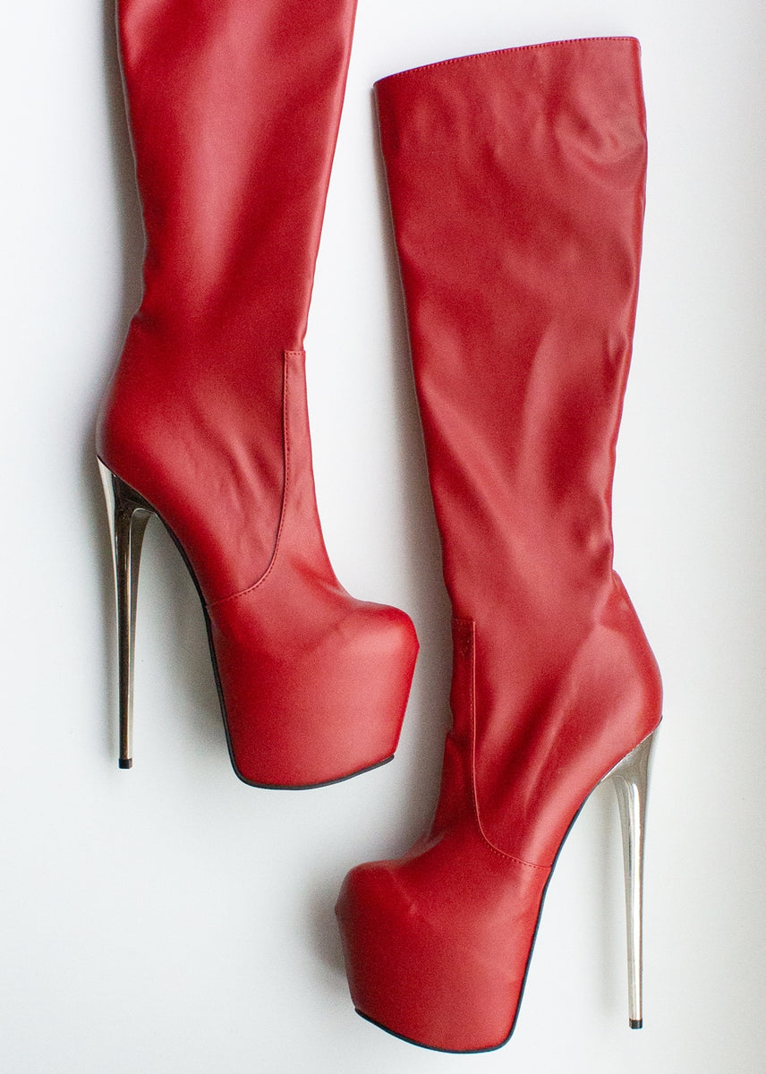 Red Matte Metallic Heel Mid-Calf Boots – Tajna Club