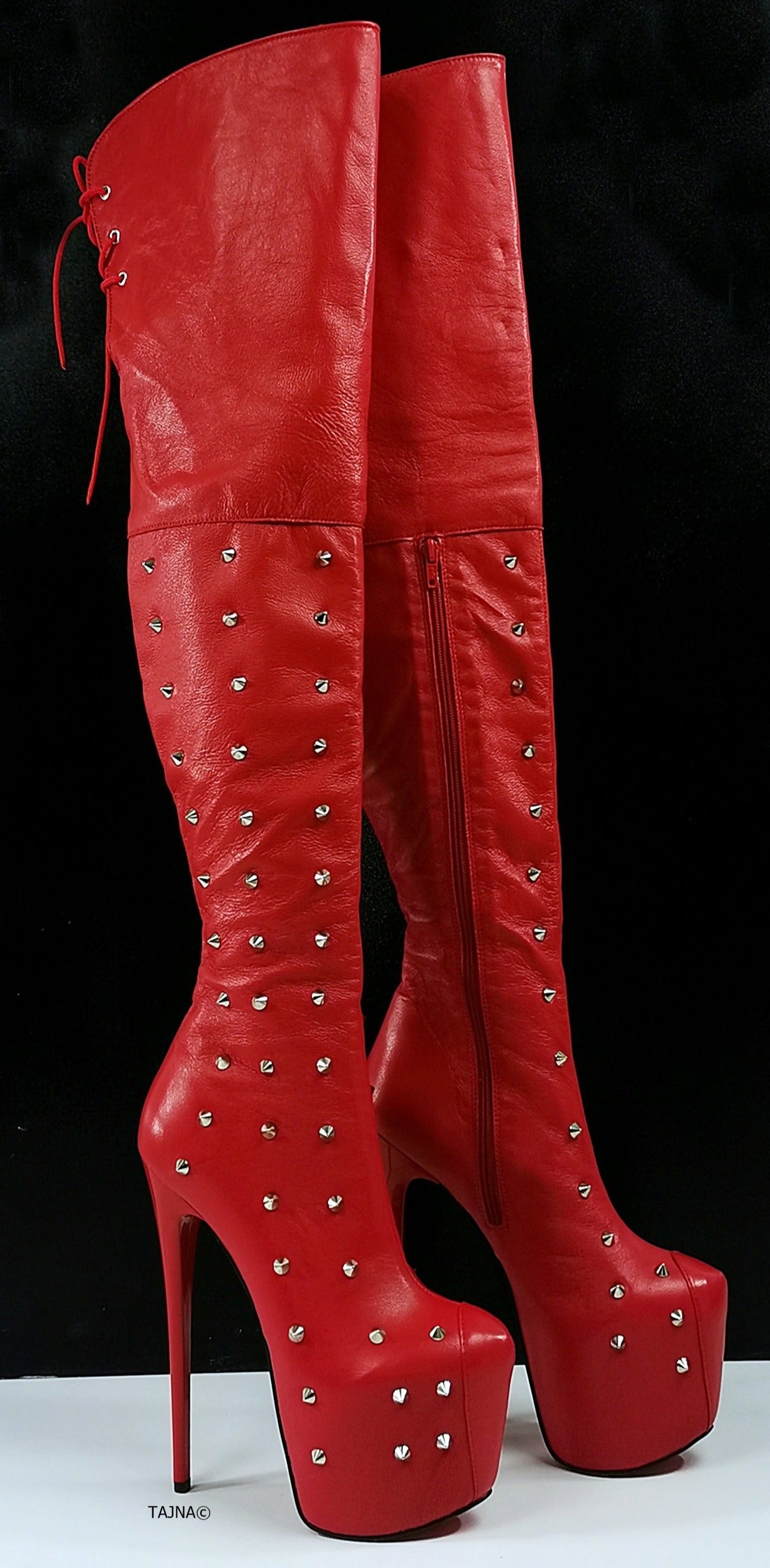 Spike Stud Red Genuine Leather Thigh Boots | Tajna Shoes – Tajna Club