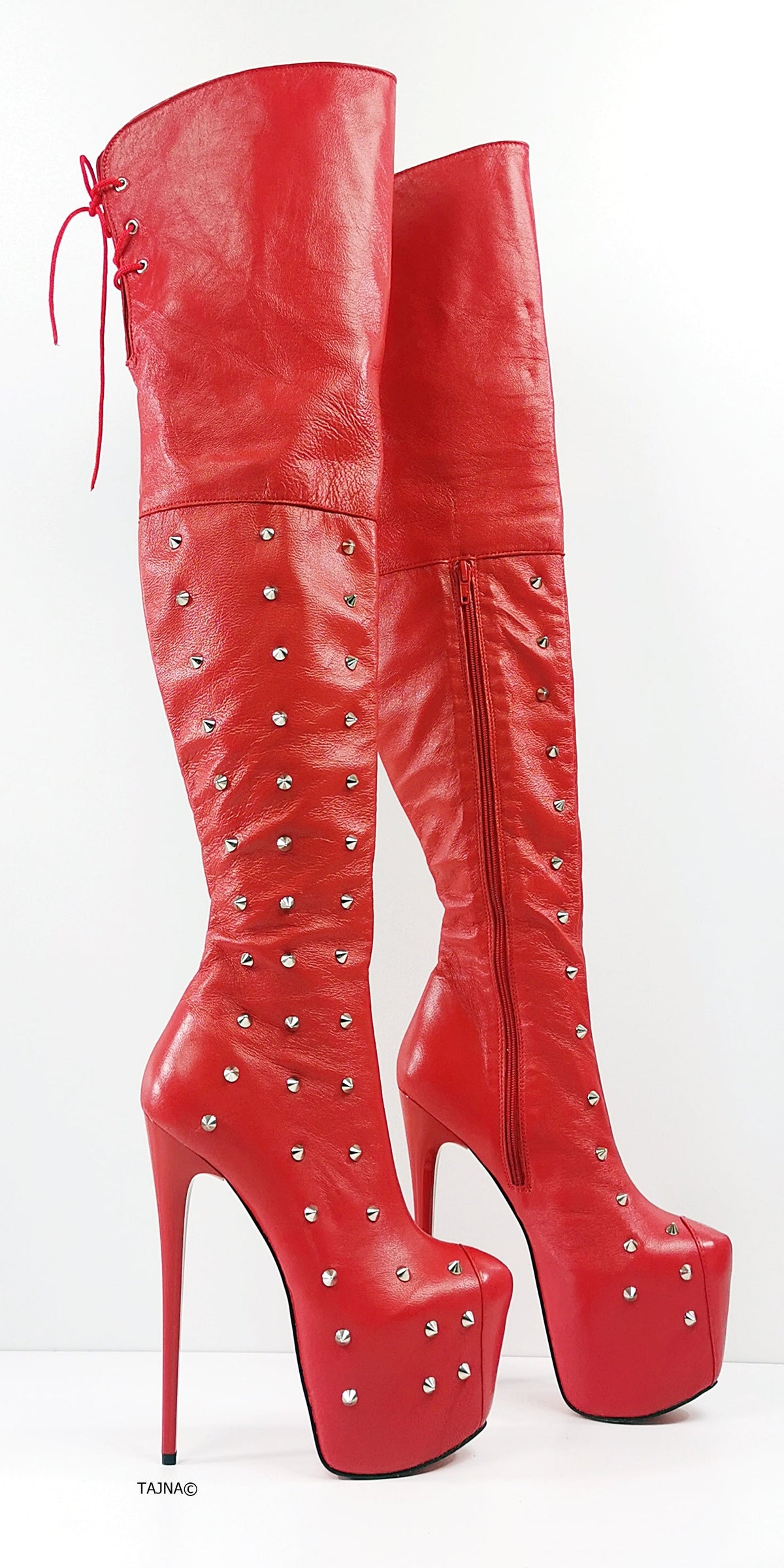 Spike Stud Red Genuine Leather Thigh Boots | Tajna Shoes – Tajna Club