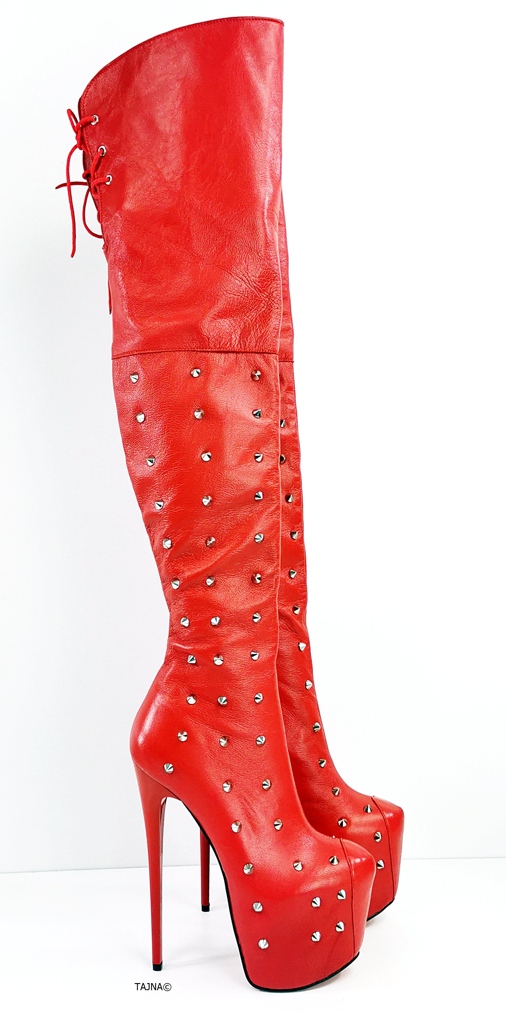 Spike Stud Red Genuine Leather Thigh Boots | Tajna Shoes – Tajna Club