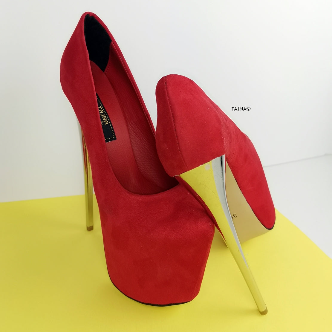Red Suede Metallic Heel Pumps | Tajna Shoes – Tajna Club