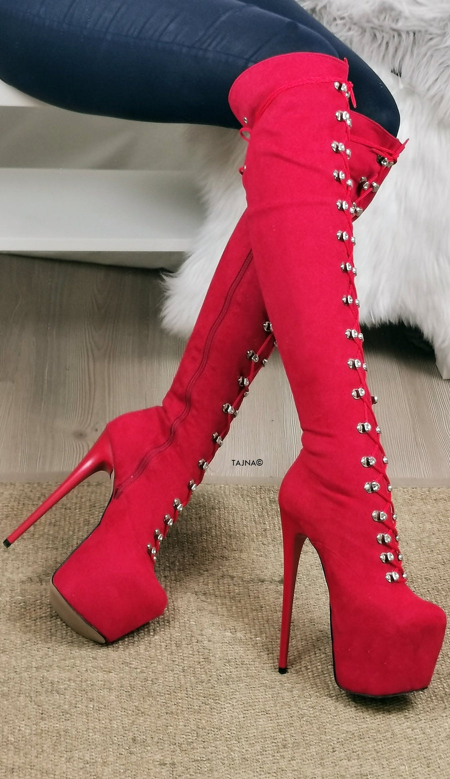 Red Suede Military High Heel Boots | Tajna Shoes – Tajna Club