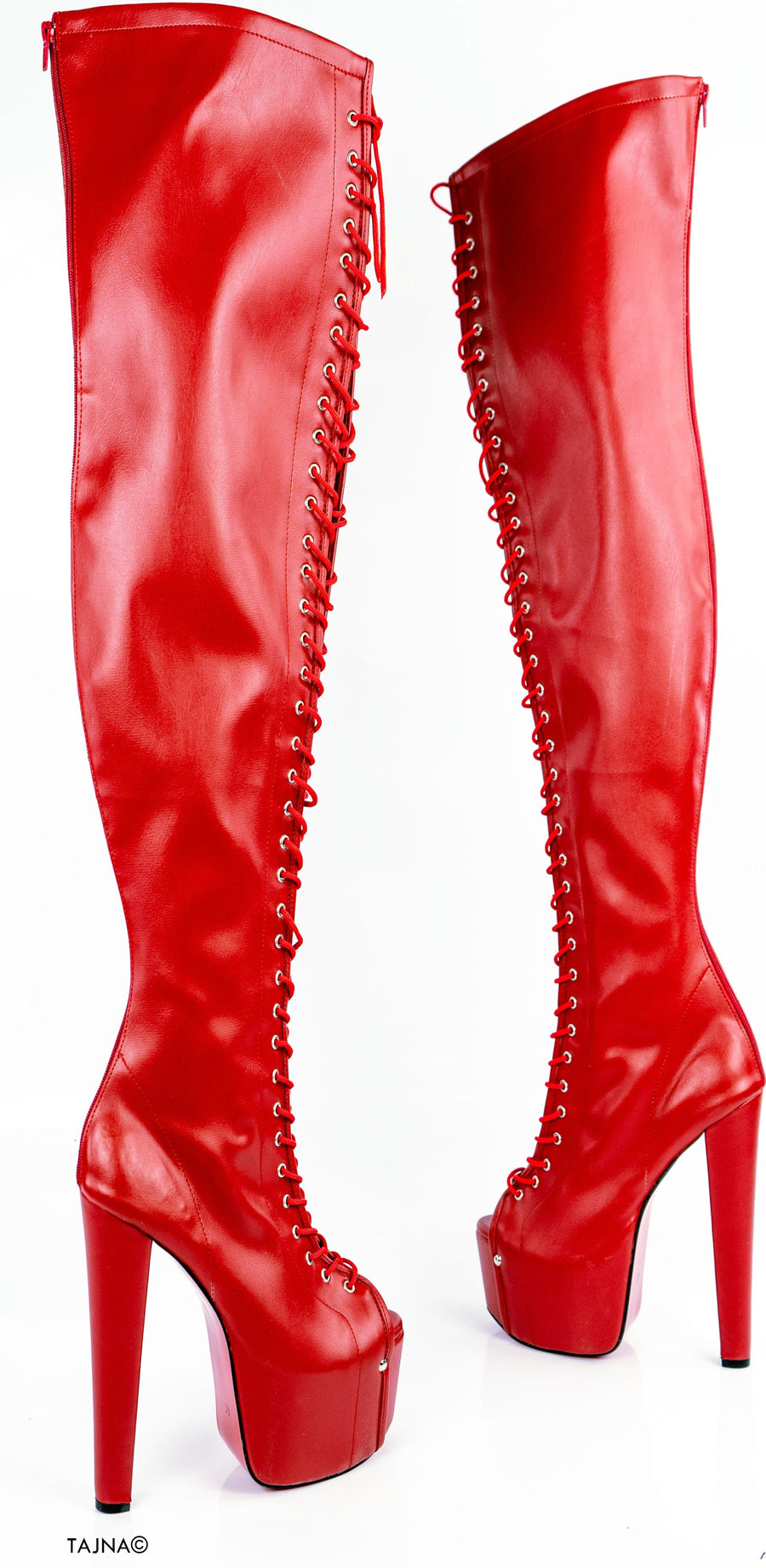 Red Gladiator Lace Up Thigh High Boots | Tajna Shoes – Tajna Club