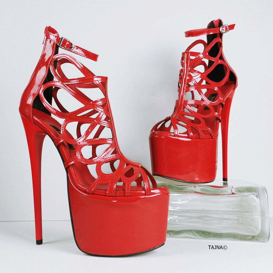 Red Patent Laser Cage Ankle Heels | Tajna Shoes – Tajna Club