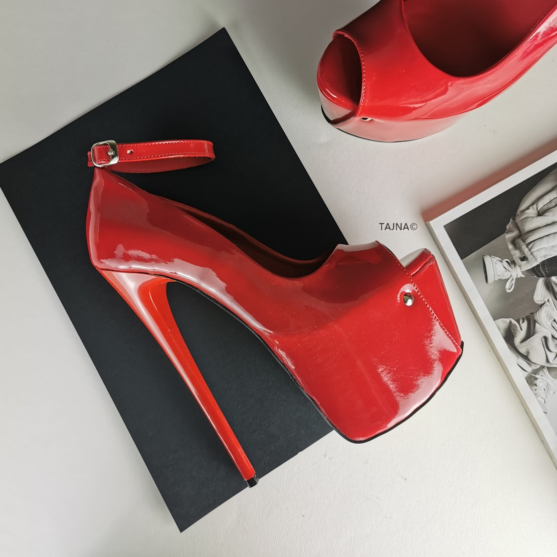 Red Patent Peep Toe Ankle Strap Pumps | Tajna Shoes – Tajna Club