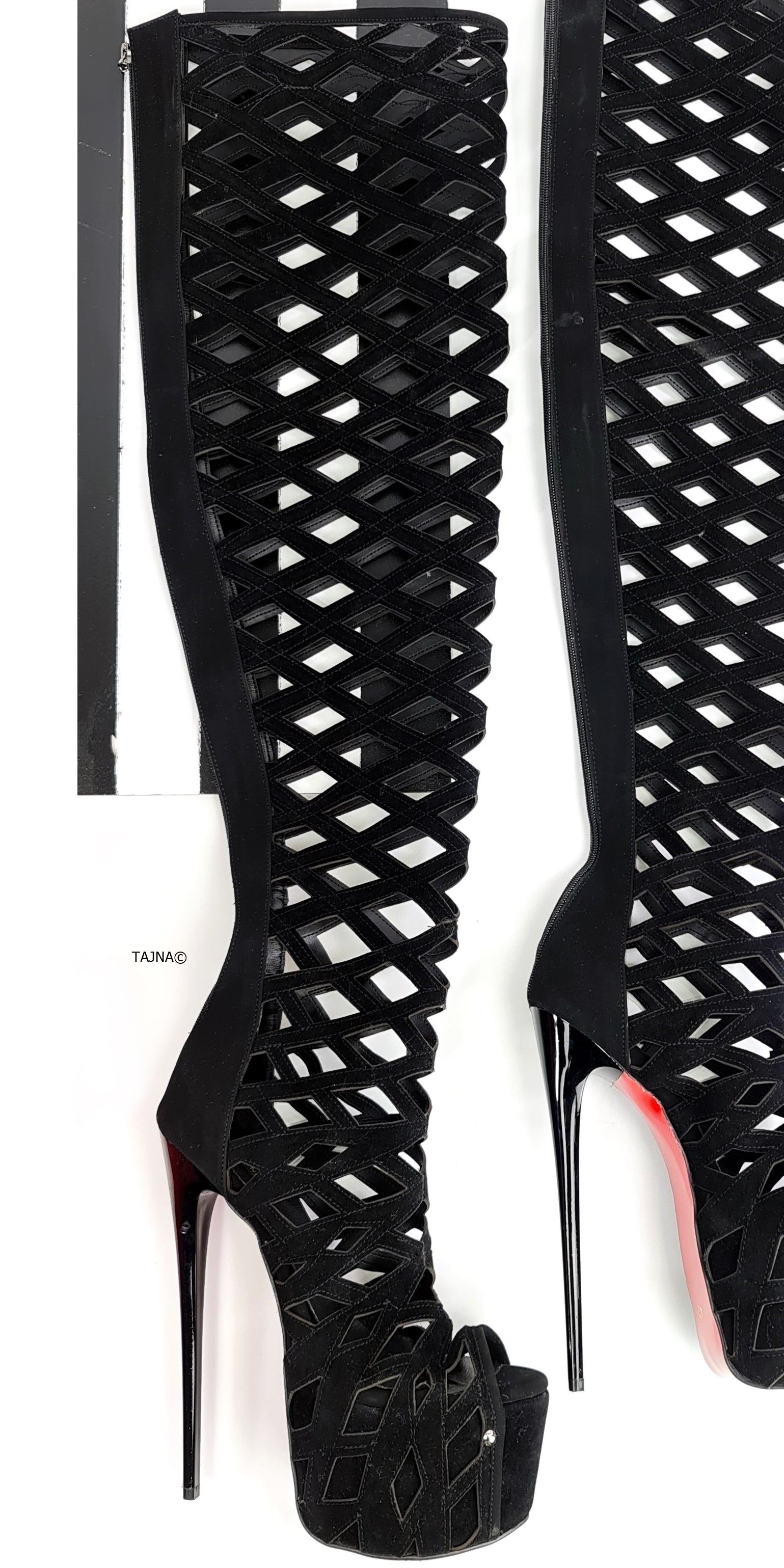 Black Suede Laser Cut Thigh High Boots | Tajna Shoes – Tajna Club