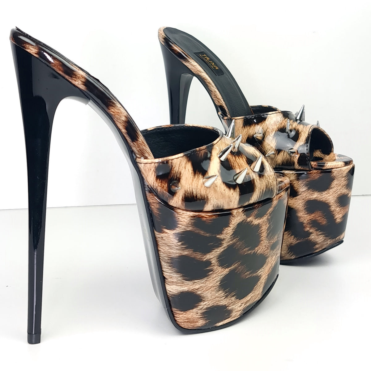 Leopard Gloss Spike Studded High Heel Mules – Tajna Club