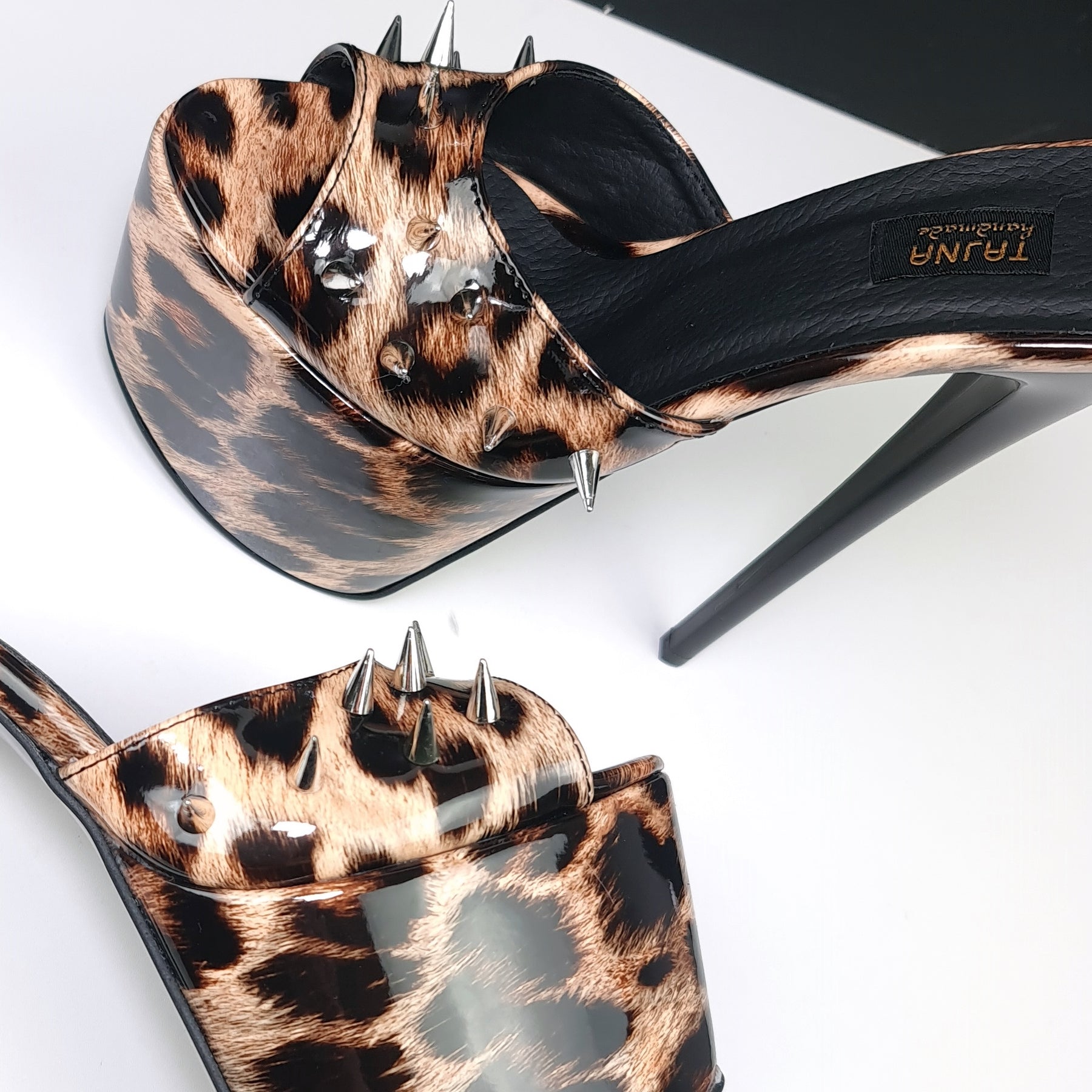 Leopard Gloss Spike Studded High Heel Mules – Tajna Club