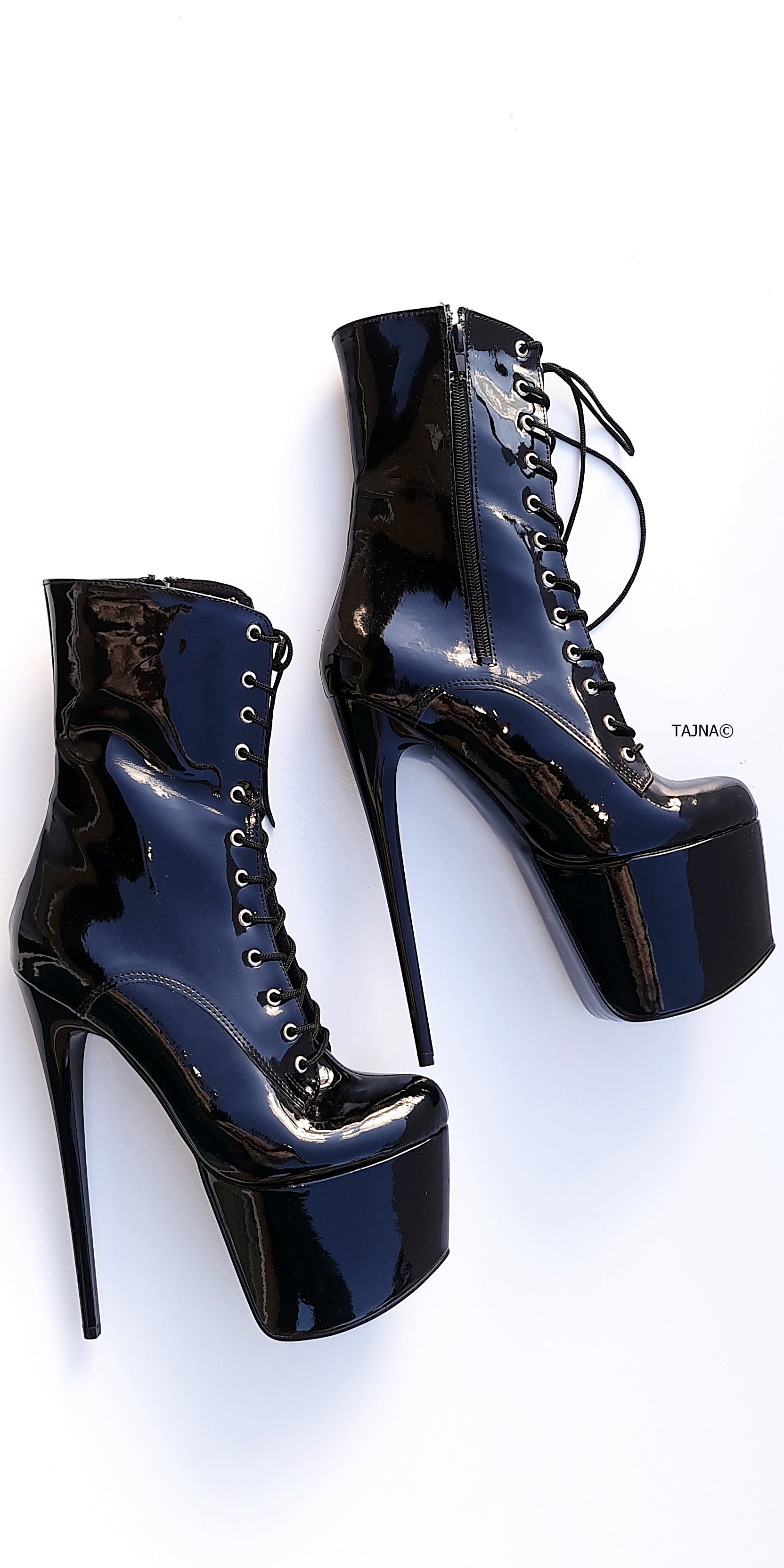 Full Black Gloss Pencil High Hell Lace Up Boots – Tajna Club