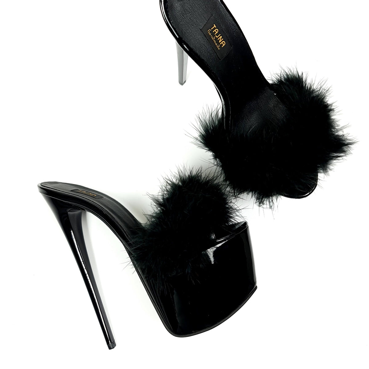 Black Gloss Furry High Heel Mules | Tajna Shoes – Tajna Club
