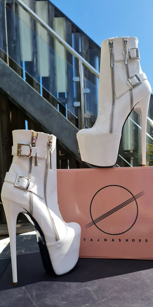 White Rocker Double Zip Belted High Heel Boots | Tajna Shoes – Tajna Club