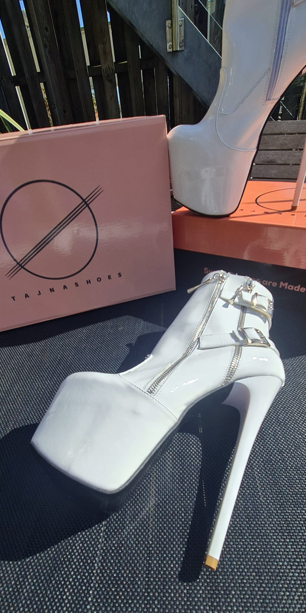 White Rocker Double Zip Belted High Heel Boots | Tajna Shoes – Tajna Club