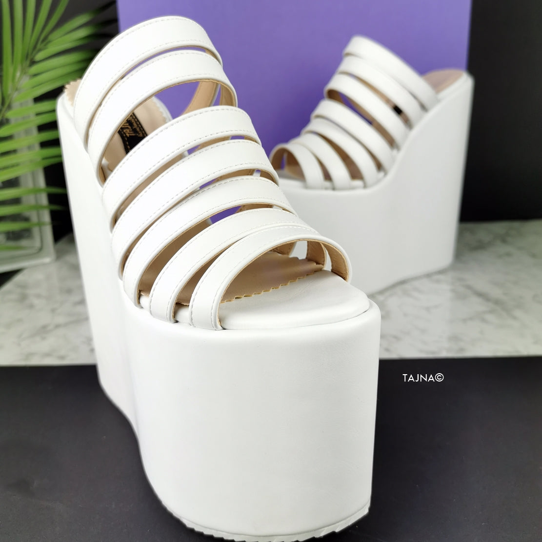 White Multi Straps Platform Wedge Mules | Tajna Shoes – Tajna Club